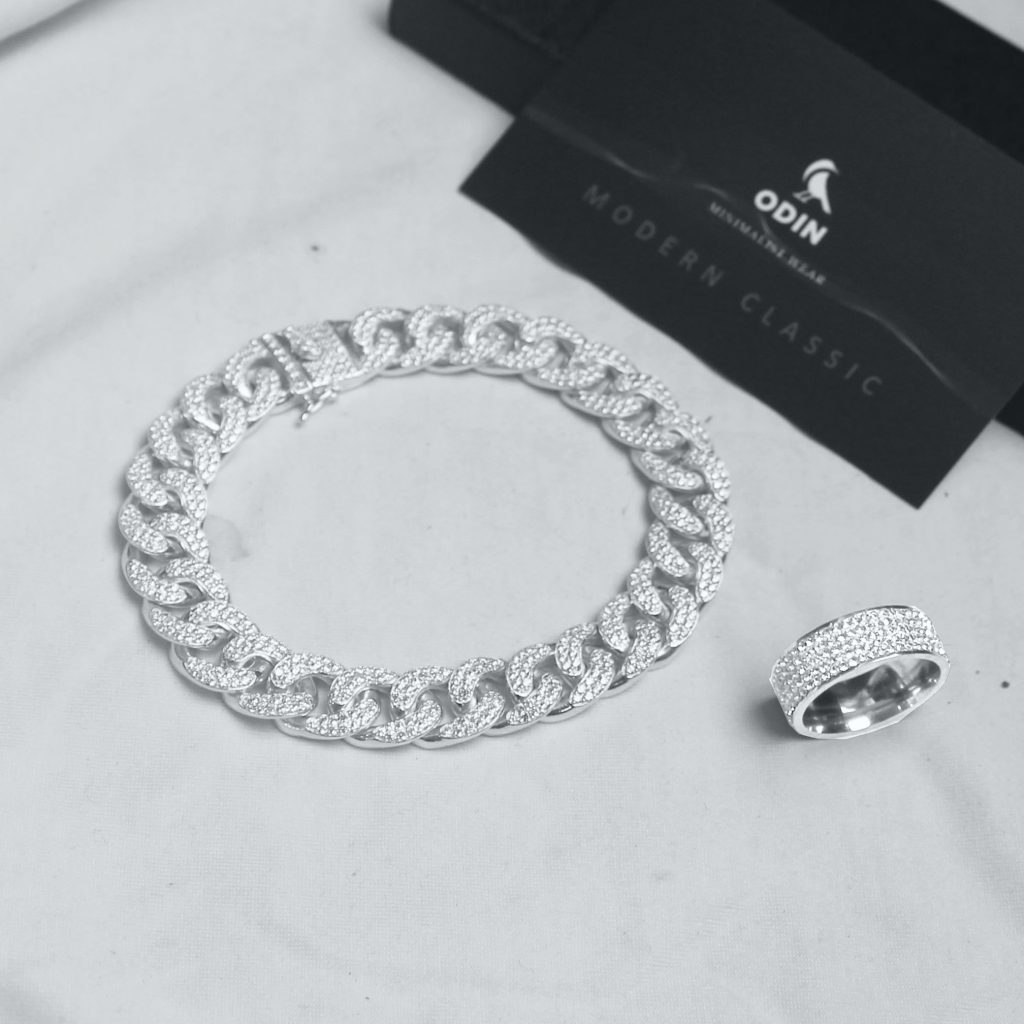 Vòng tay ICE CUBAN BẠC S950 đính đá ZC - Size 12MM - ODIN