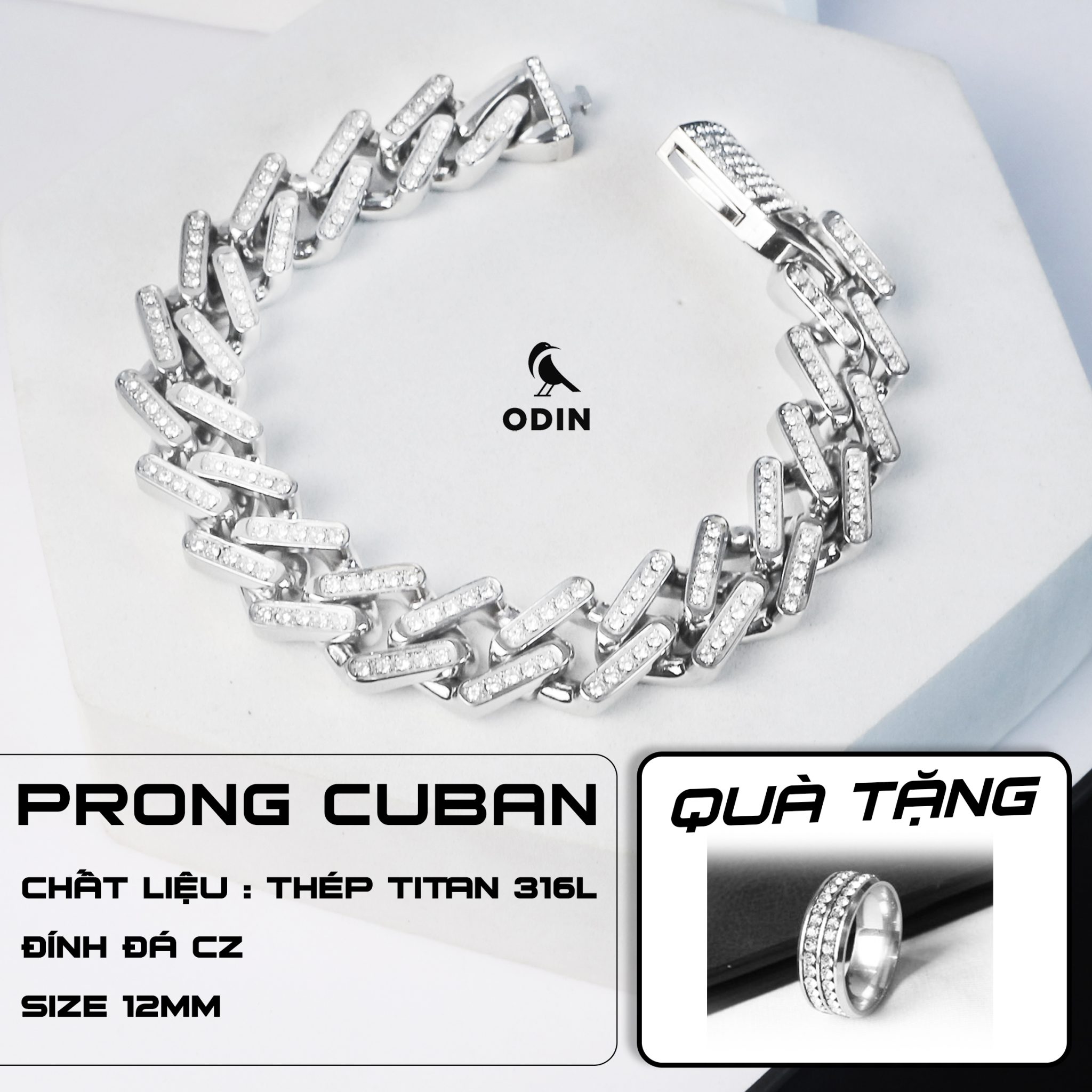 Vòng tay Ice Cuban PRONG - Thép Titan 316L - Đính đá CZ - Tặng kèm nhẫn ...